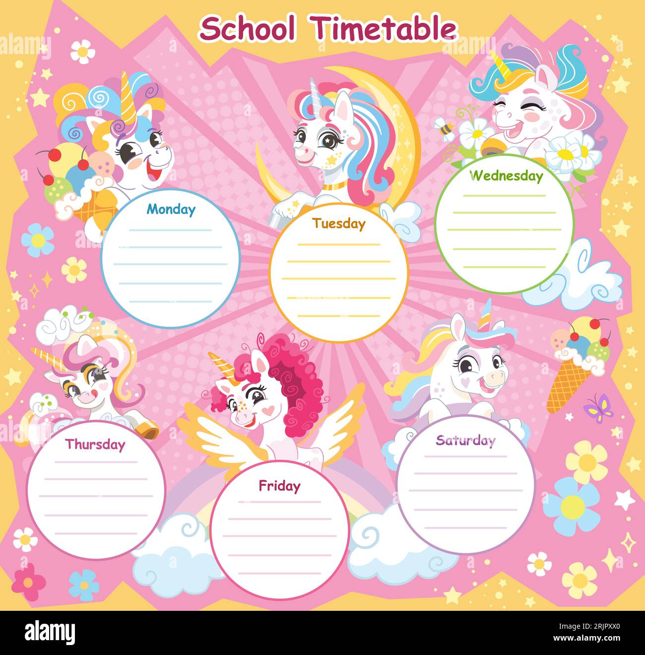 Weekly planner with cute happy unicorns, flowers and rainbow. Kids ...