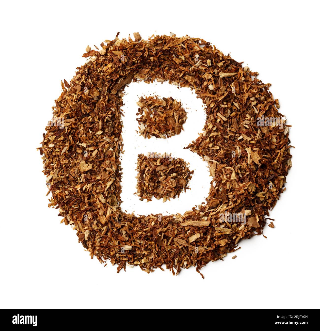 Letter B made of cigarettes dried smoking tobacco on white background ...