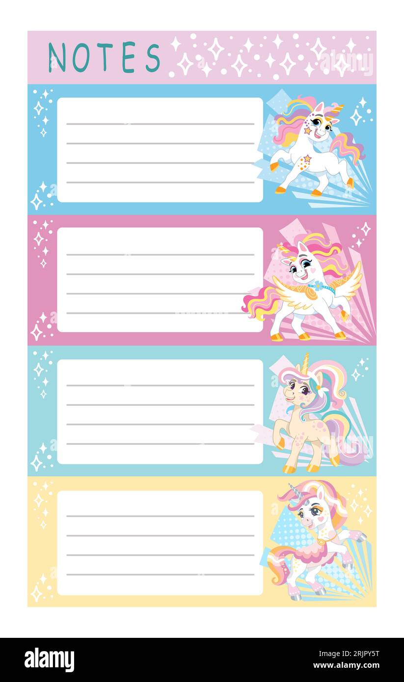 Printable note pages and empty stickers set with cute happy unicorn ...