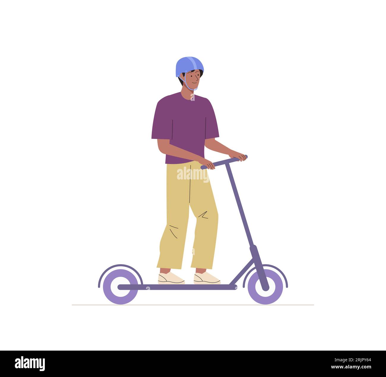 Young man in helmet riding electric scooter. Smiling guy rider driving ...