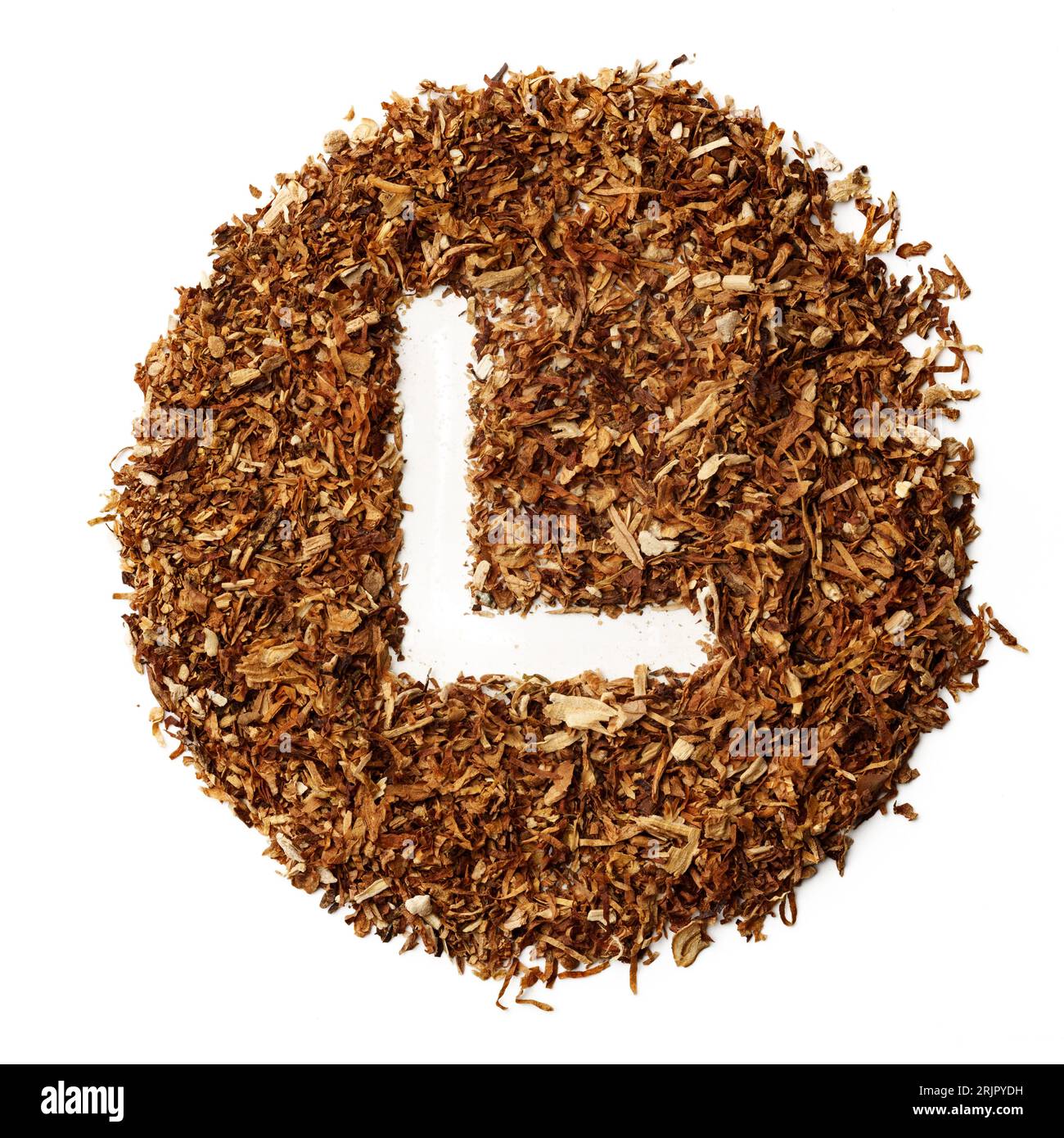 Letter L made of cigarettes dried smoking tobacco on white background ...