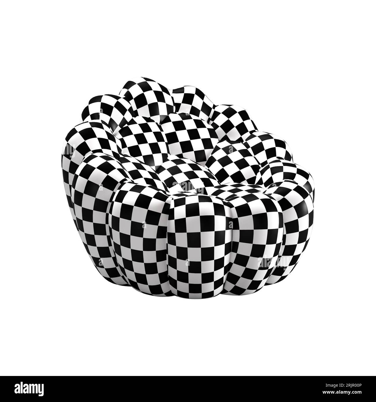 A side view of an abstract, checkered fabric chair against a white ...
