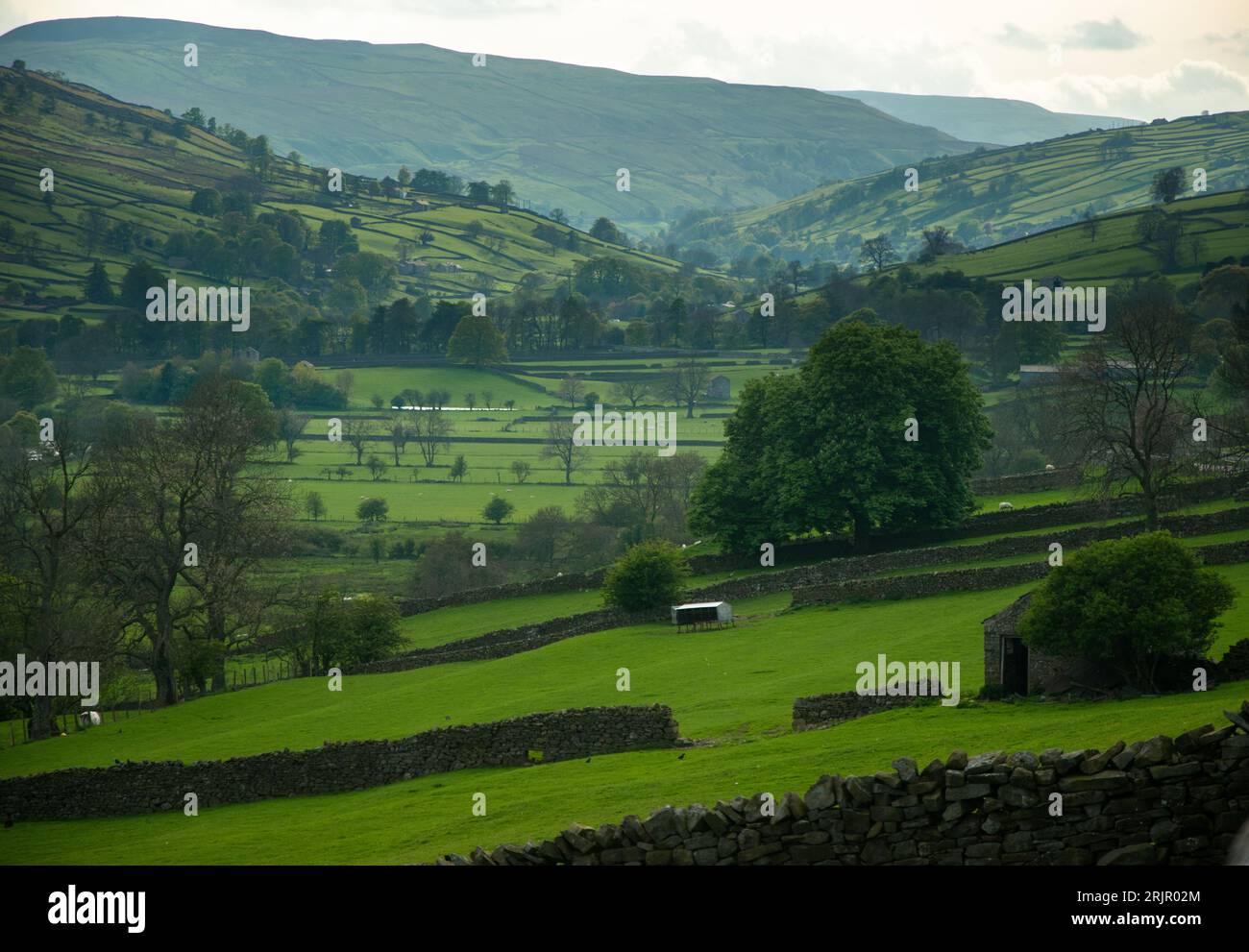 A beautiful rural landscape featuring a sprawling grassy field ...