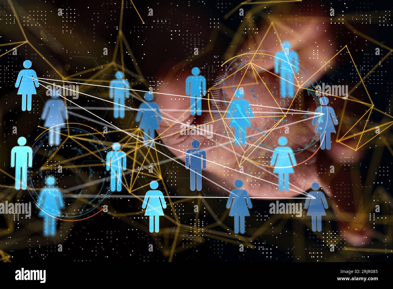 A close-up of a detailed hologram featuring blue people icons and lines ...