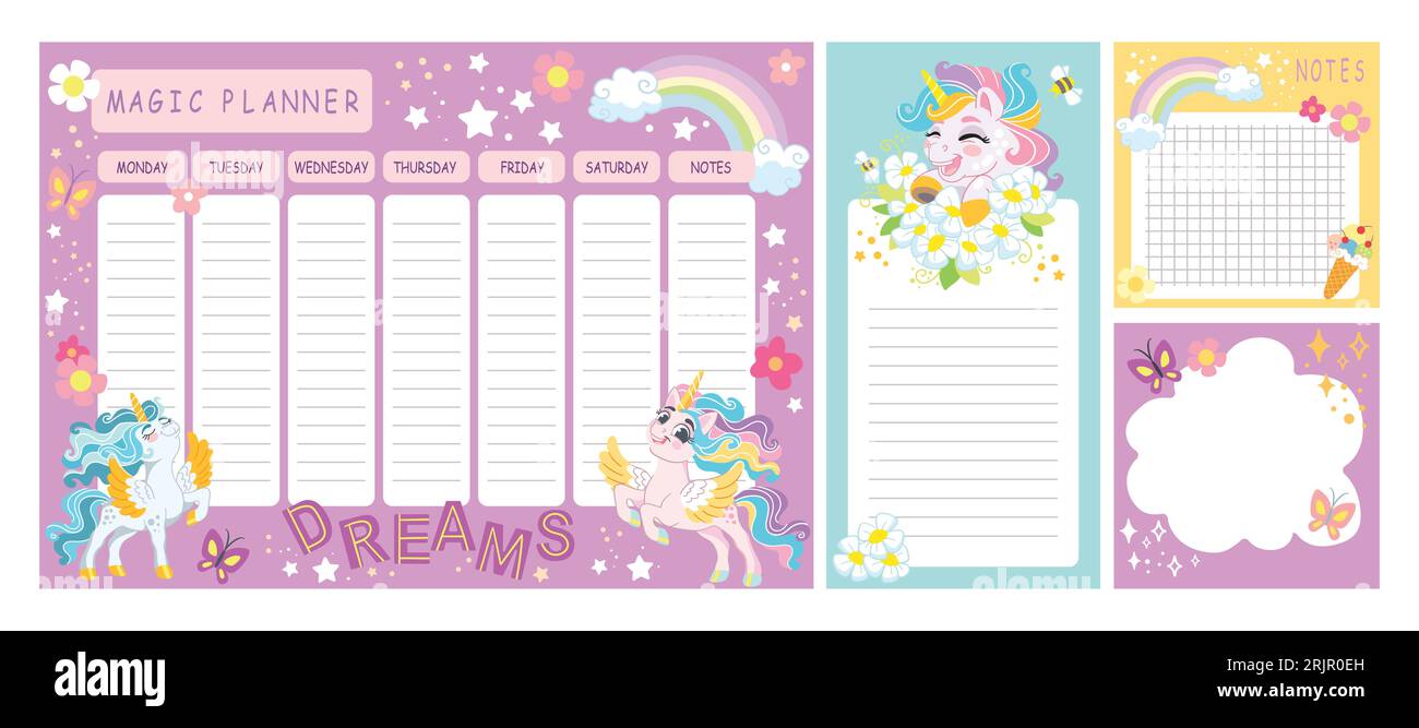 Weekly planner with cute happy unicorns. Kids schedule of classes ...