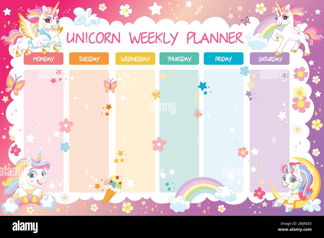 Weekly planner with cute happy unicorns, flowers and rainbow. Kids ...