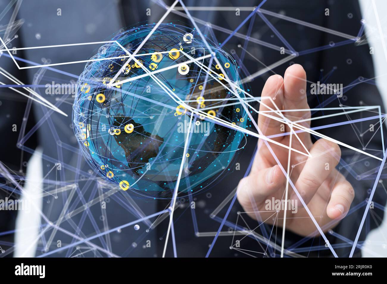 A person using a digital device to navigate a complex network of interconnected lines with the ...