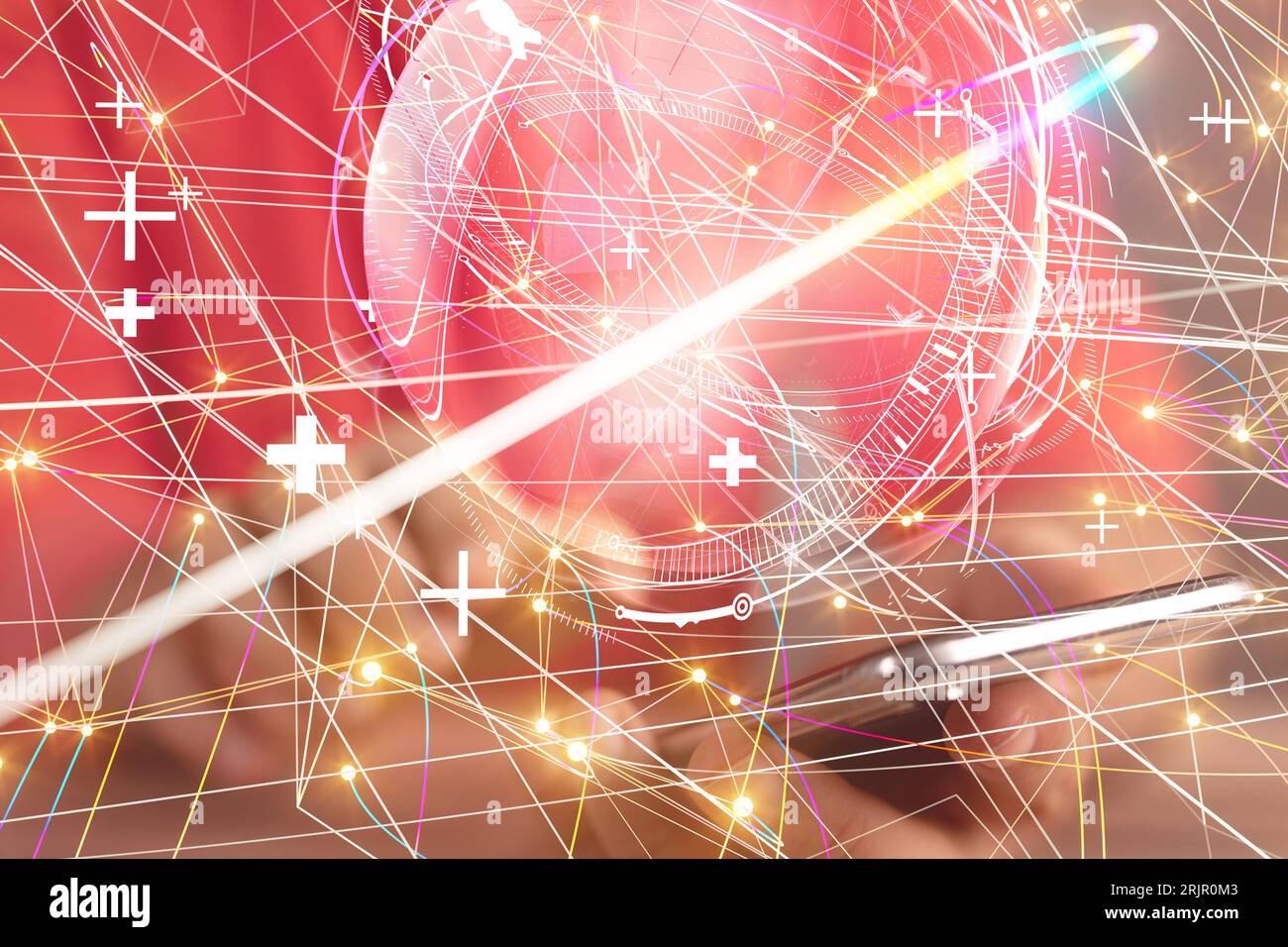 A person holding his phone around a hologram with spheres, plus signs ...