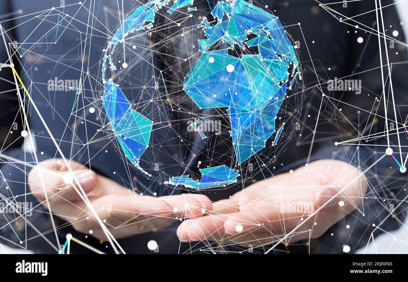 A man placing his hands under a planet Earth hologram with white lines ...