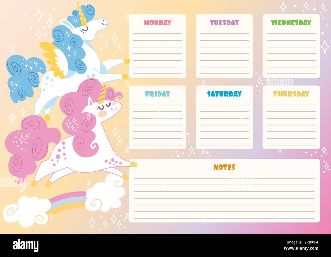 Weekly planner with cute happy unicorns and rainbow. Kids schedule of ...
