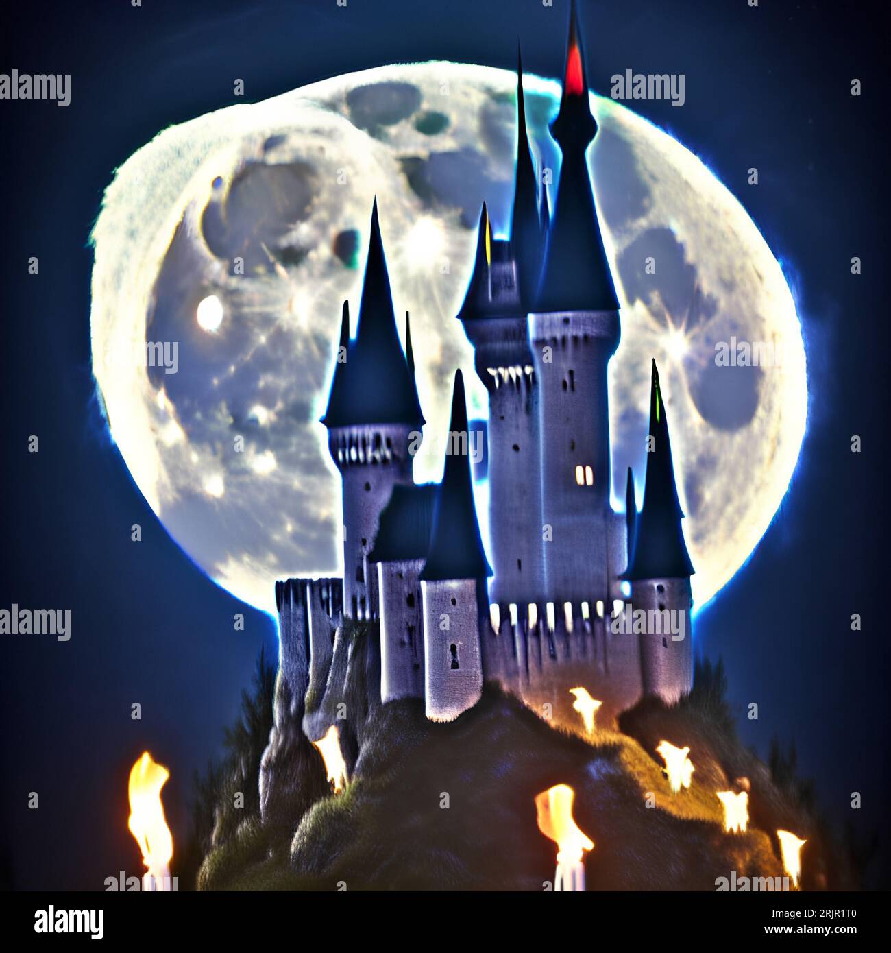 An aerial view of a majestic castle located beneath a full moon ...
