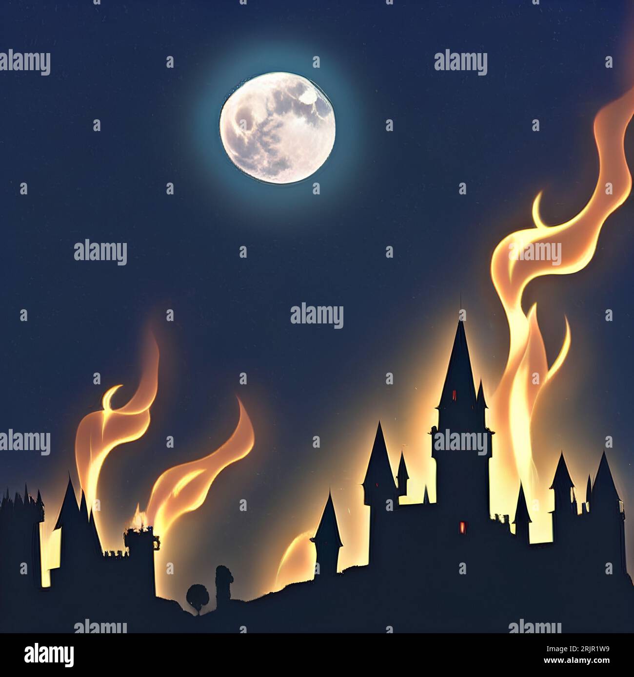 A majestic castle is illuminated under the moonlit night sky, creating ...