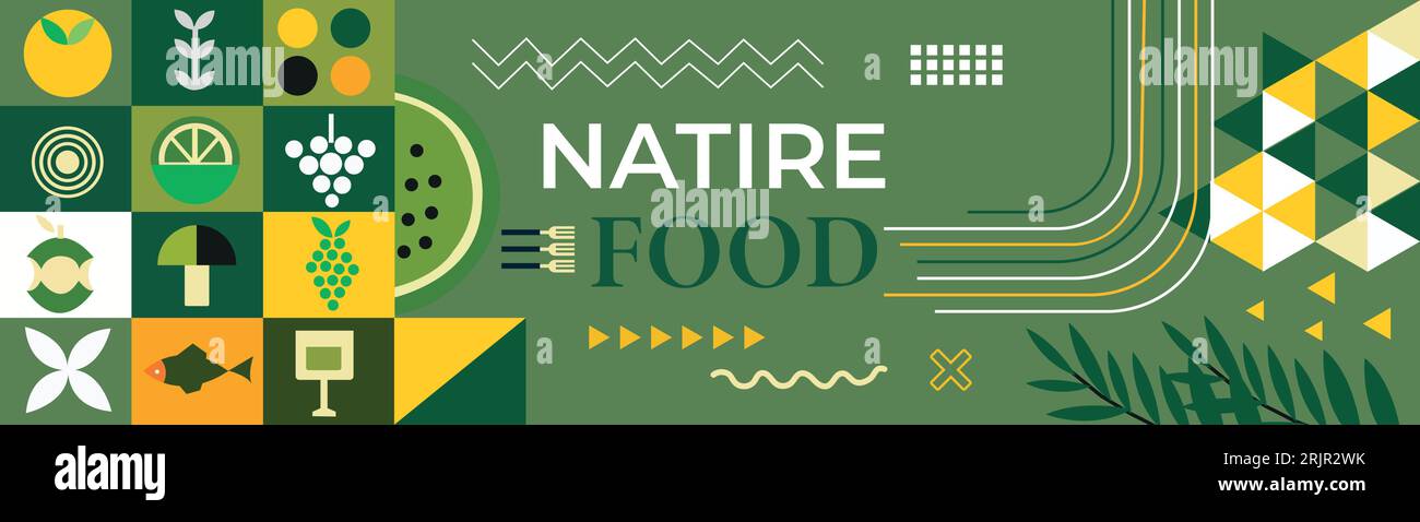 Natural food banner in flat style. Fruits and vegetables in simple ...