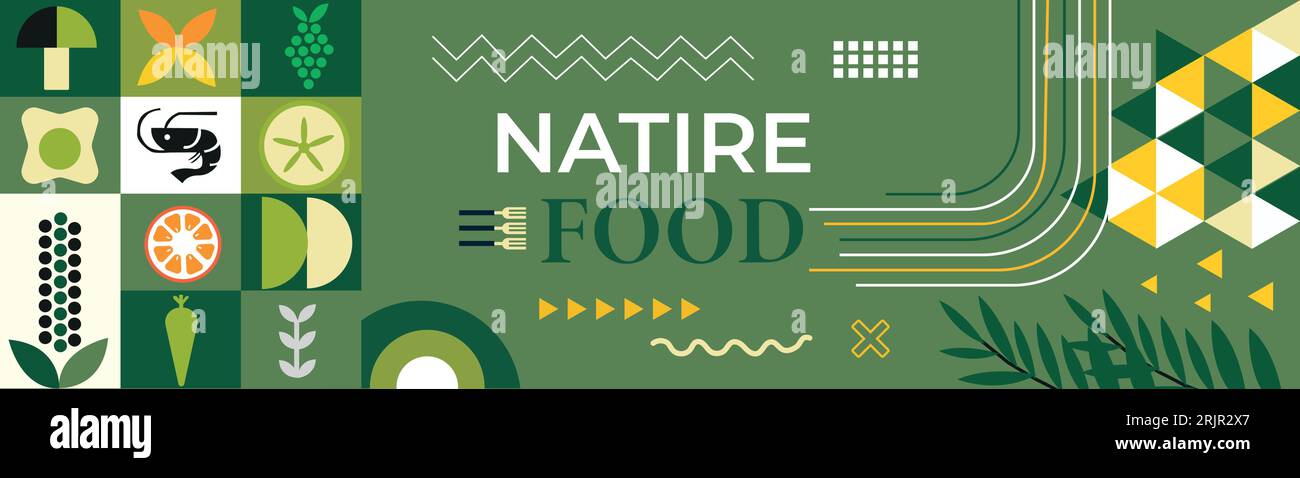 Natural food banner in flat style. Fruits and vegetables in simple ...