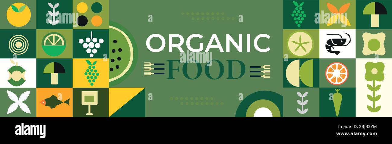 Organic food banner in flat style. Fruits and cereals Abstract ...