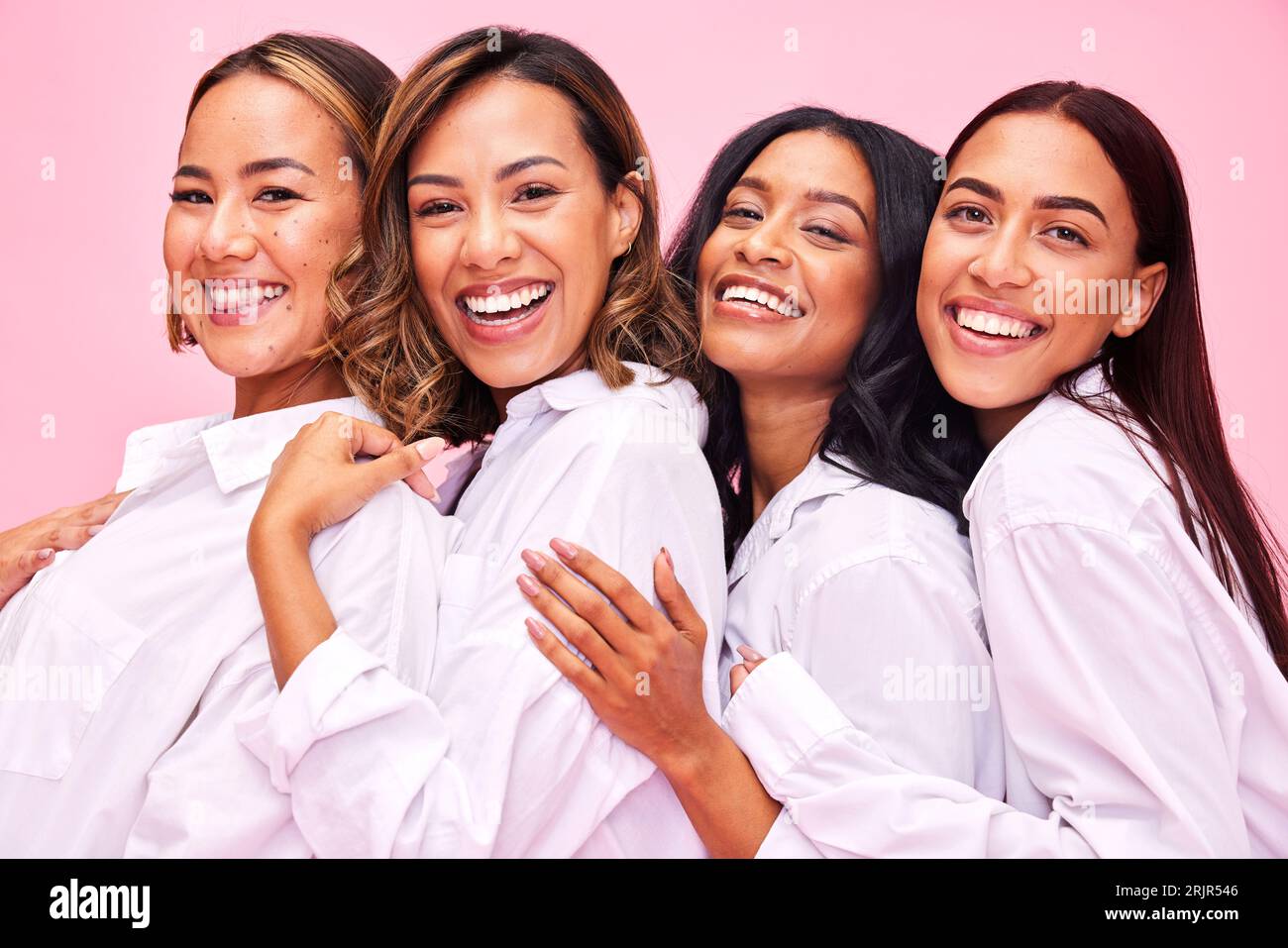 Women, friends smile and portrait in studio with natural beauty ...
