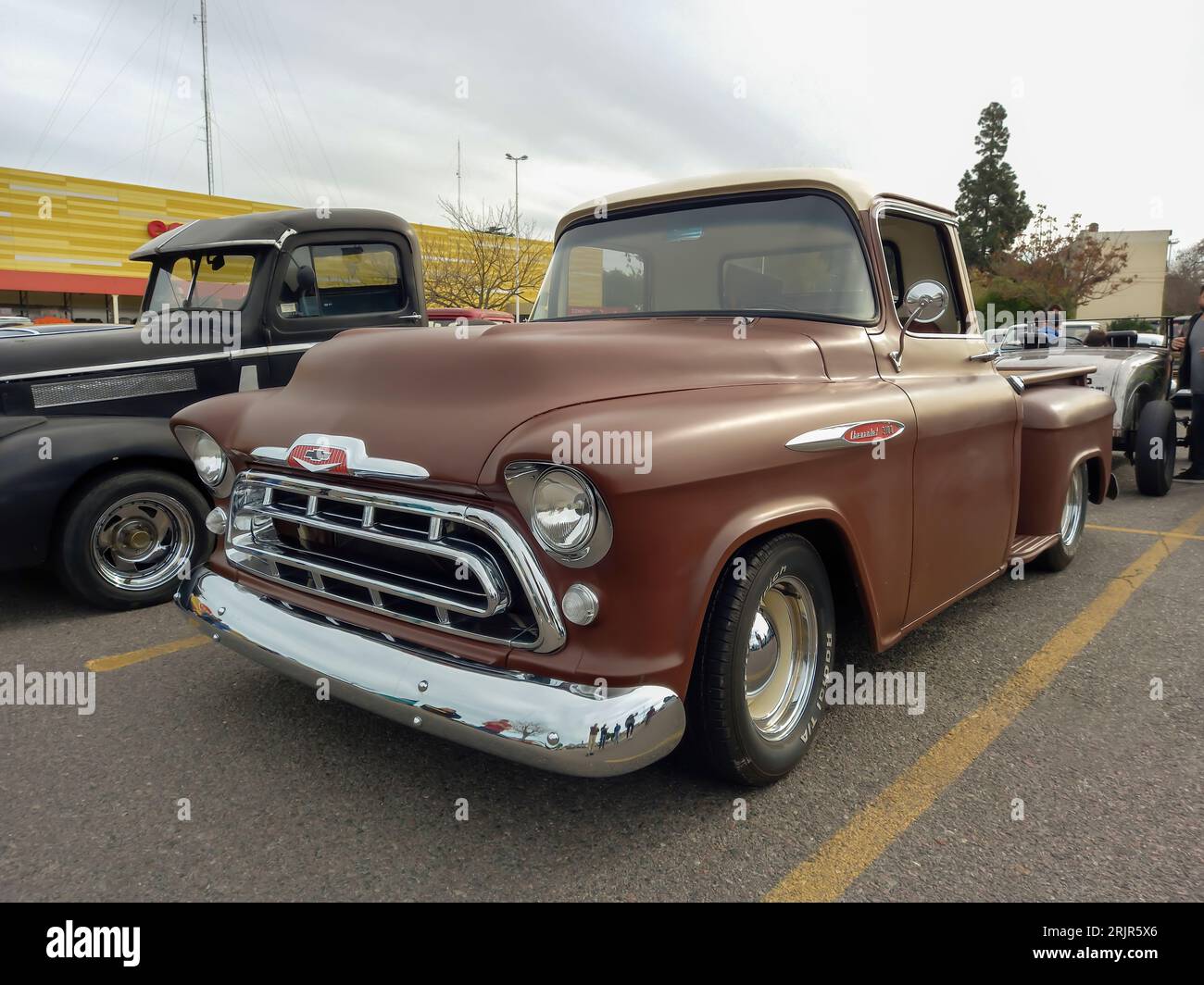 Old brown utility 1957 Chevrolet 3100 pickup truck Task Force step-side ...