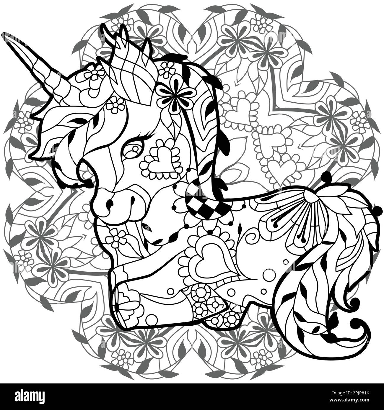 Unicorn zentangle styled on mandala. May be used for print on t-shirt ...