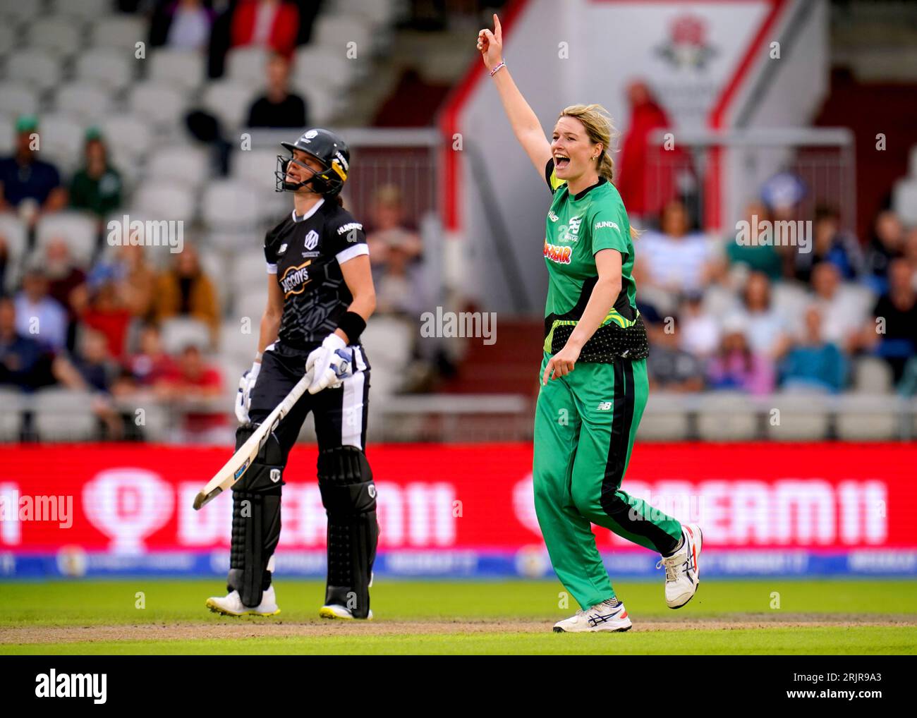 Southern Brave's Lauren Bell celebrates taking the wicket of Manchester ...