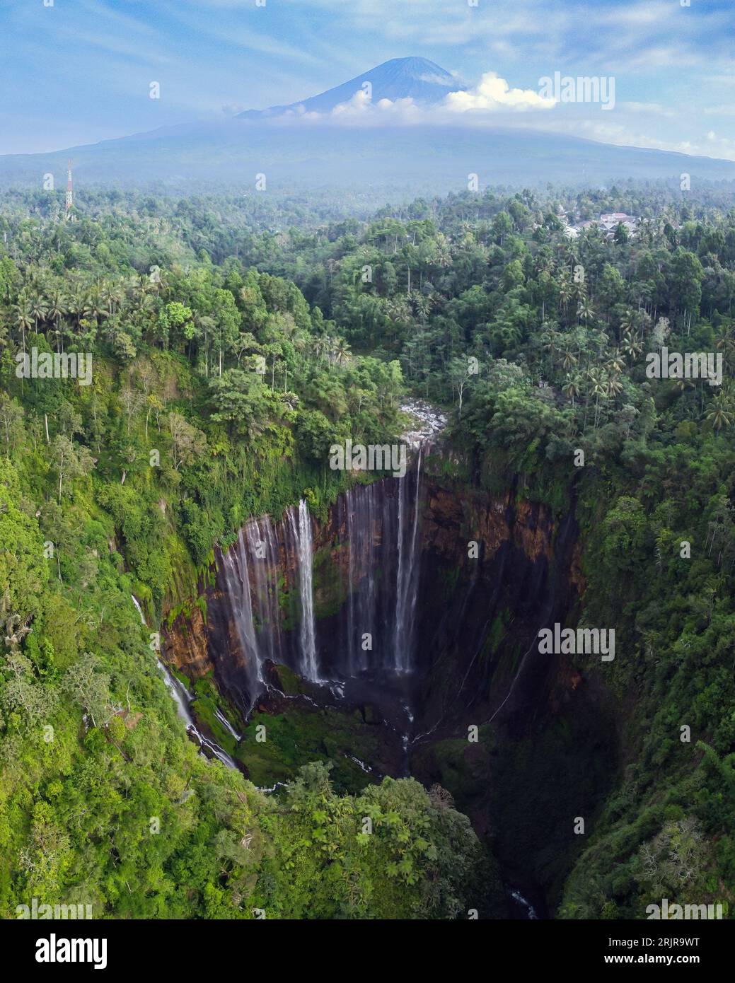 An aerial view of the stunning Lumajang Sewu Waterfall in Indonesia ...