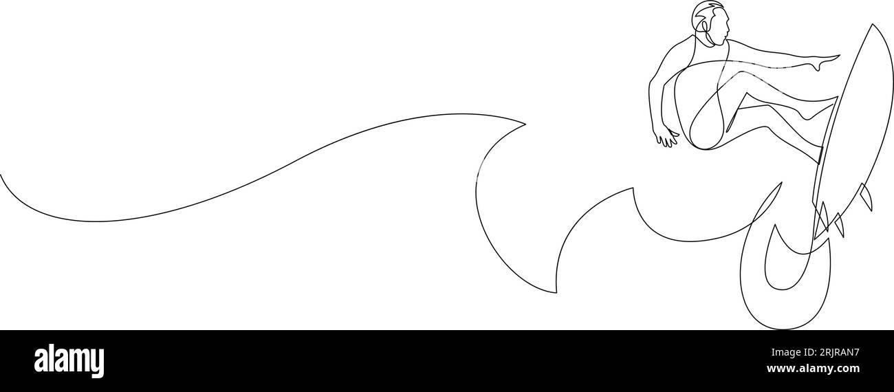 Continuous single line drawing of professional surfer in action riding ...