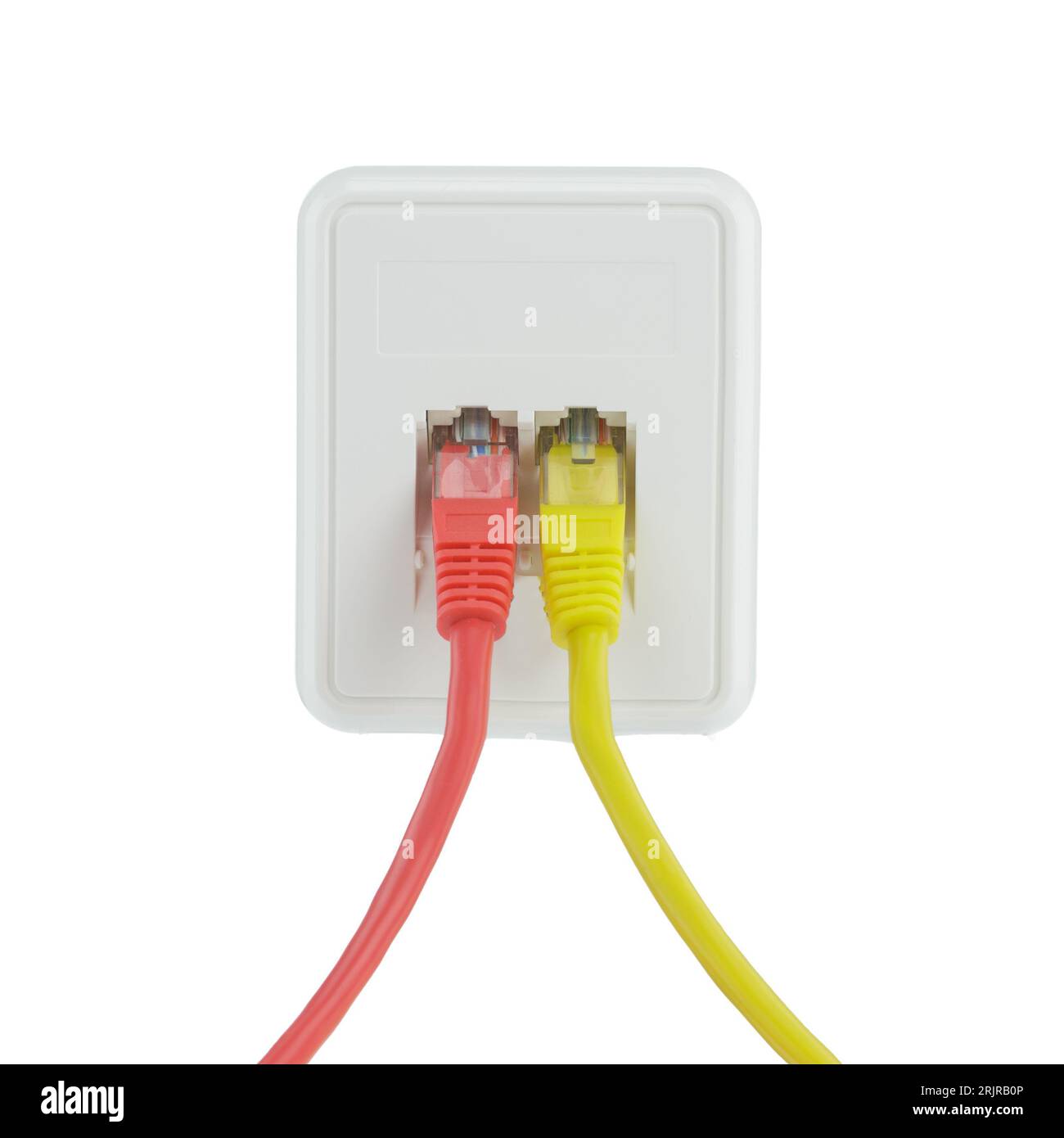 Two Ethernet Cables One Yellow And One Red Connected To A White Network Switchbox Isolated On