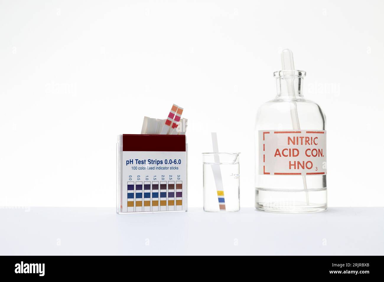 A white background with test strips for testing the pH level and a ...