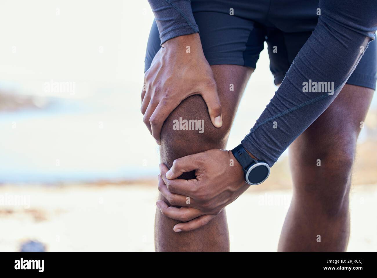 Knee injury, joint pain and fitness person massage legs, broken bone ...