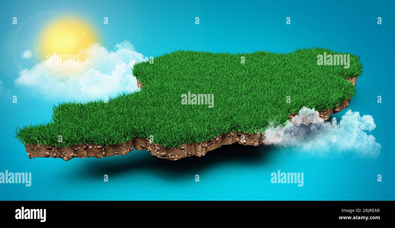 A 3D illustration of Iran map of green grass on background of blue ...