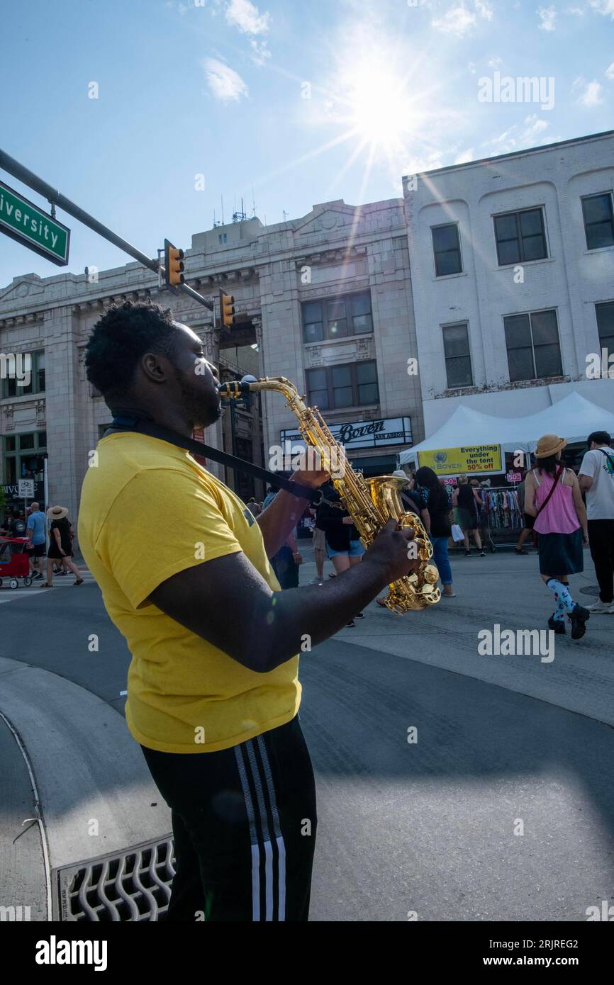 Ann Arbor, Michigan, USA. 22nd July, 2023. A man plays an alto ...