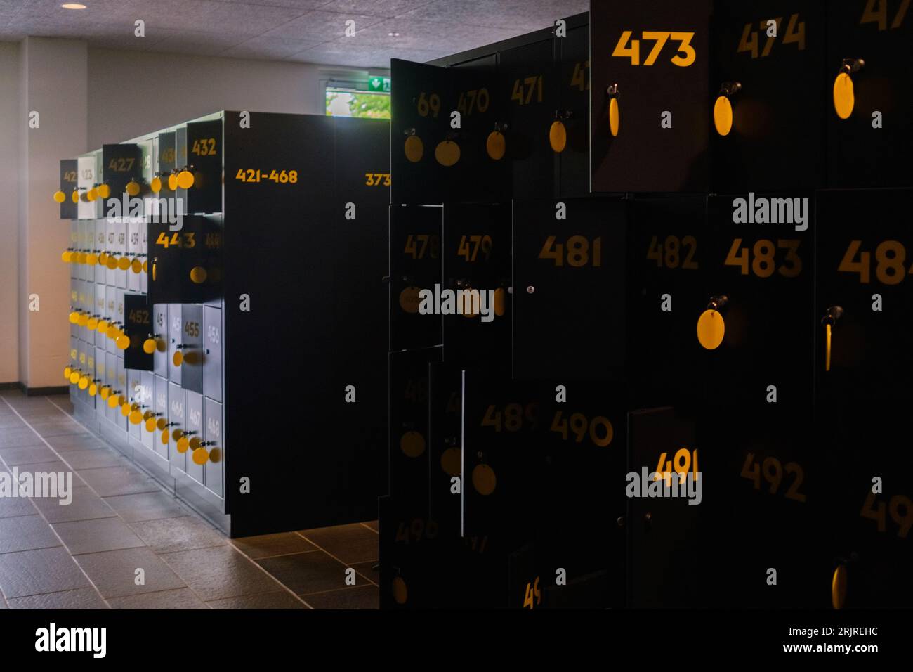Square lockers, with open door, to store objects during the visit Stock ...