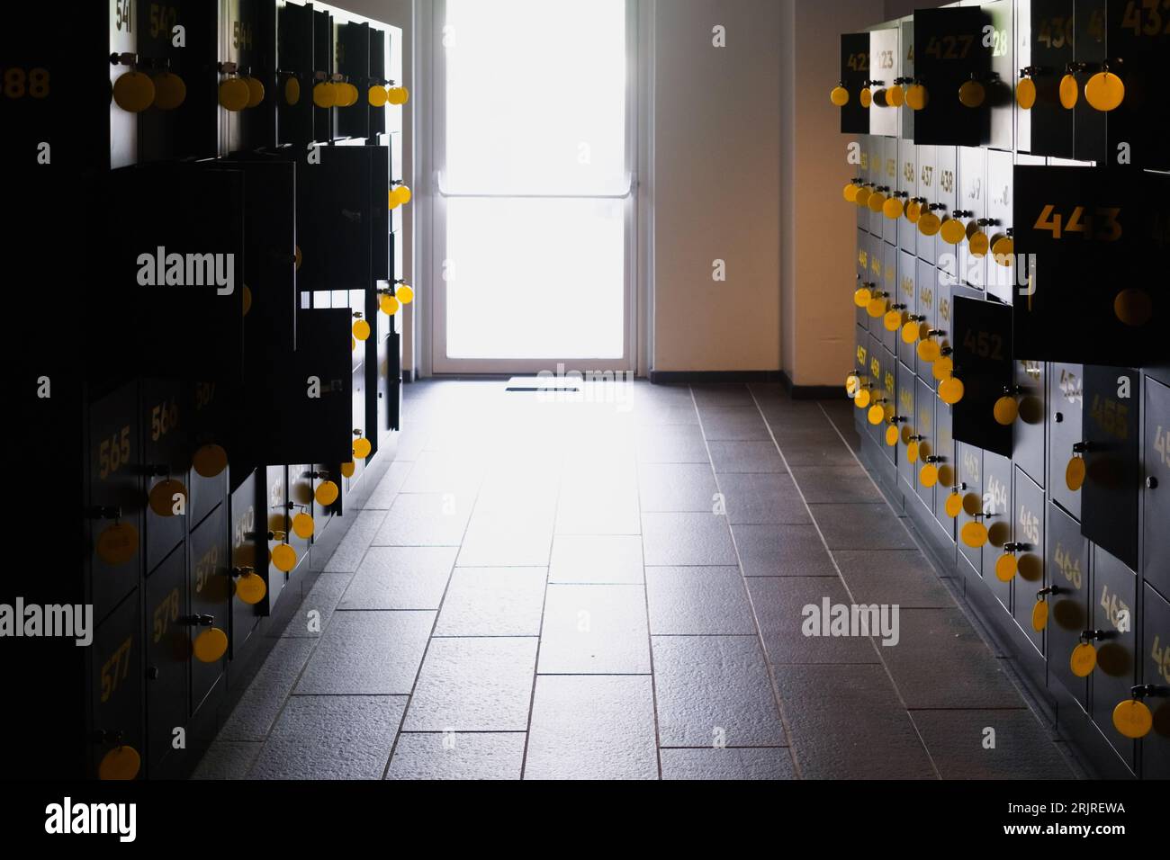 Square lockers, with open door, to store objects during the visit Stock ...