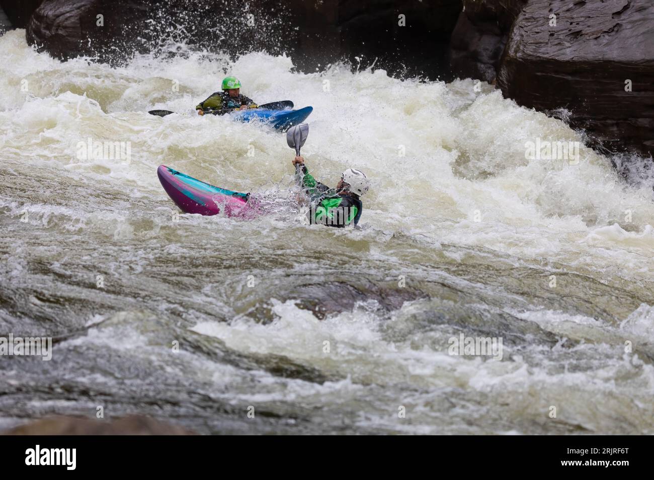 A diverse group of people rafting together in a flowing river Stock ...