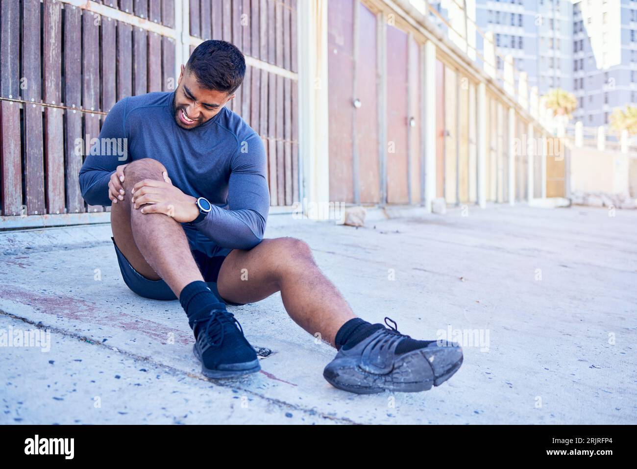 Knee, joint pain and sports man hurt from outdoor exercise, running ...