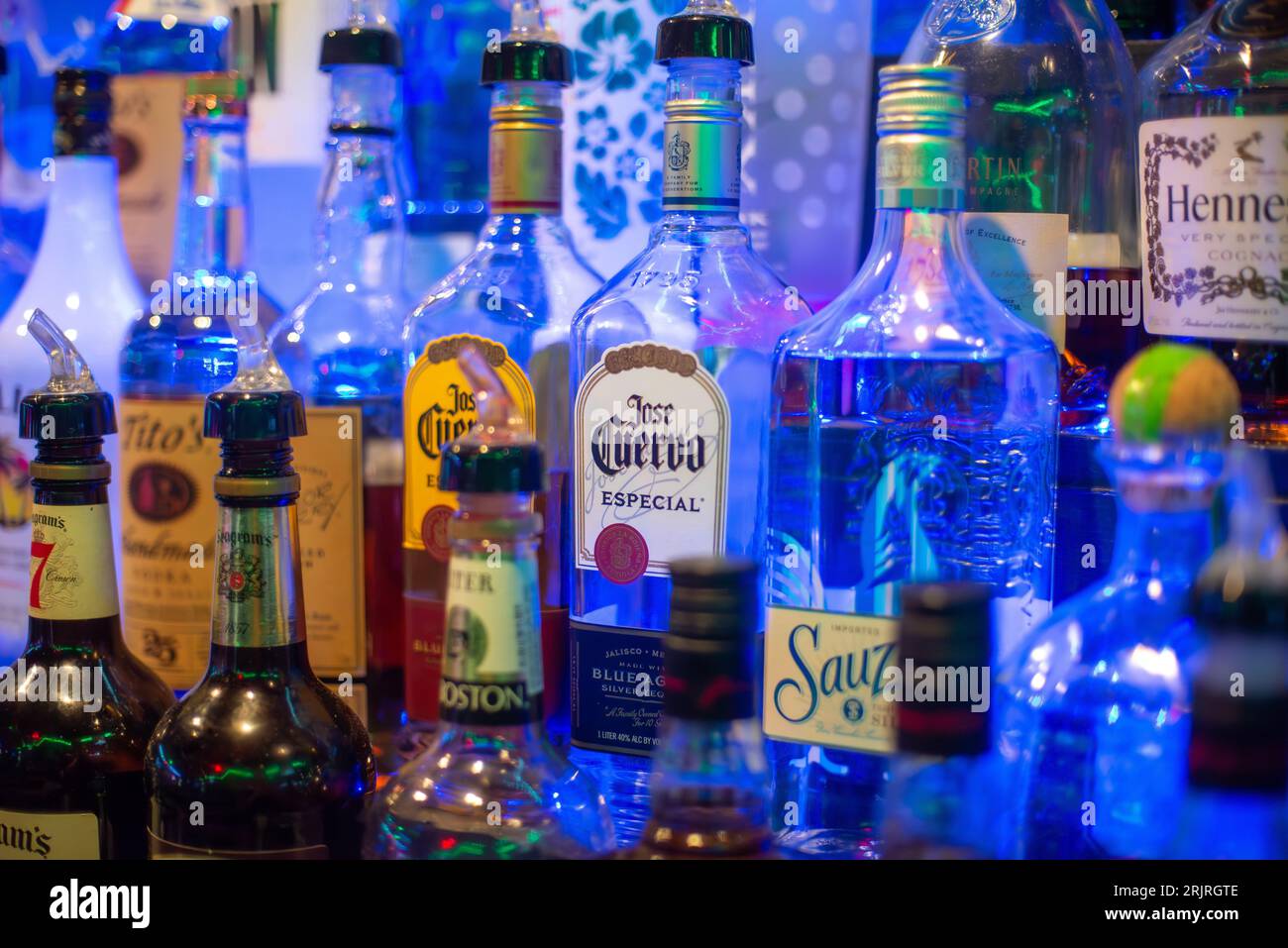 A selection of alcoholic beverages displayed in neat rows on a bar ...