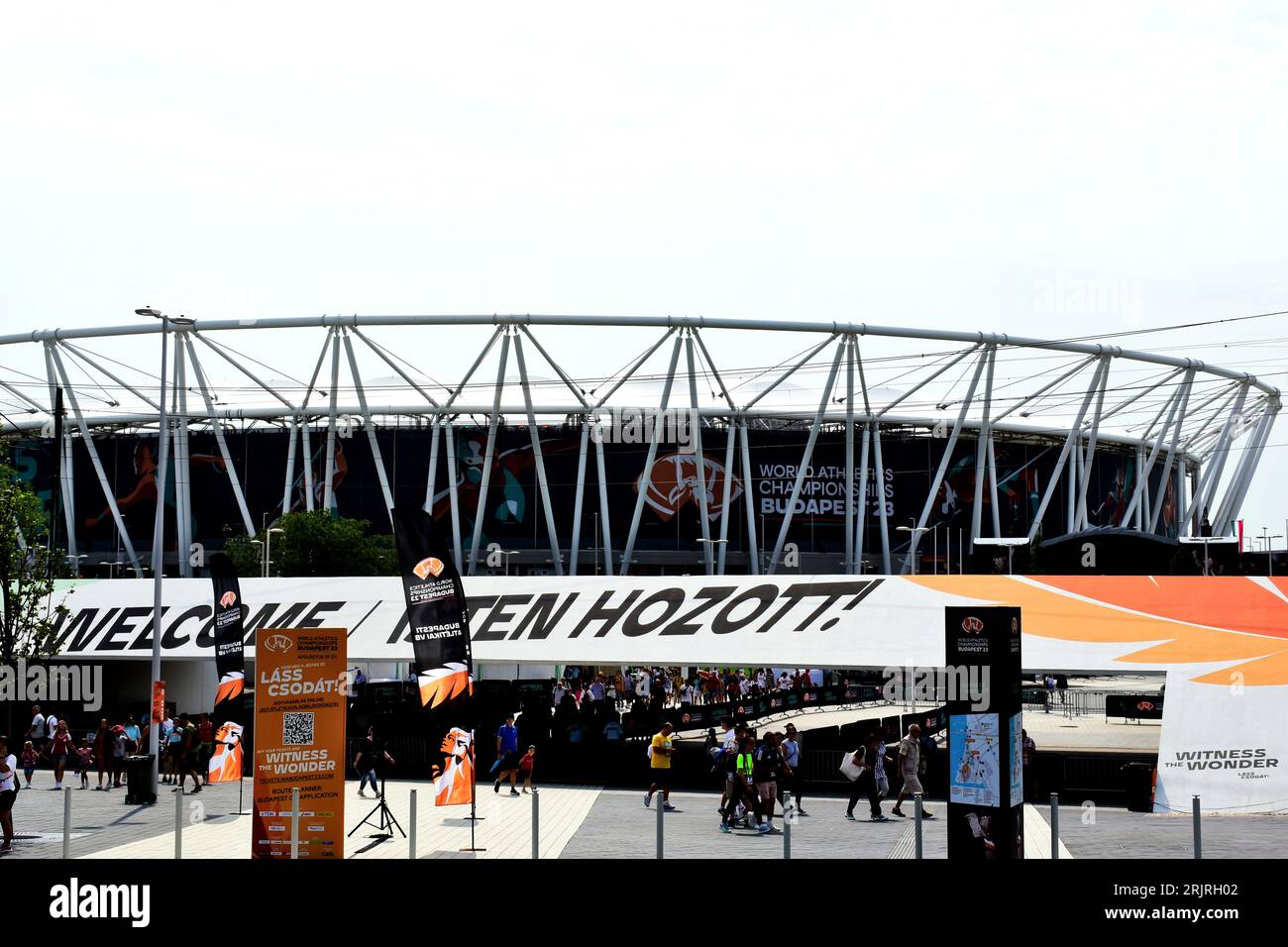 visitors at the entrance of the new Athletics Stadium in Budapest. 2023 ...