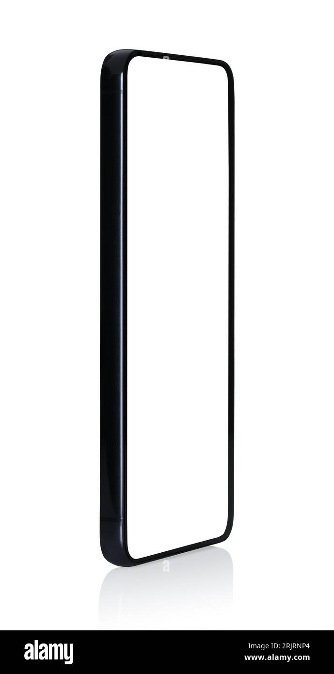 Smart Phone stands vertically with blank screen, on white background ...