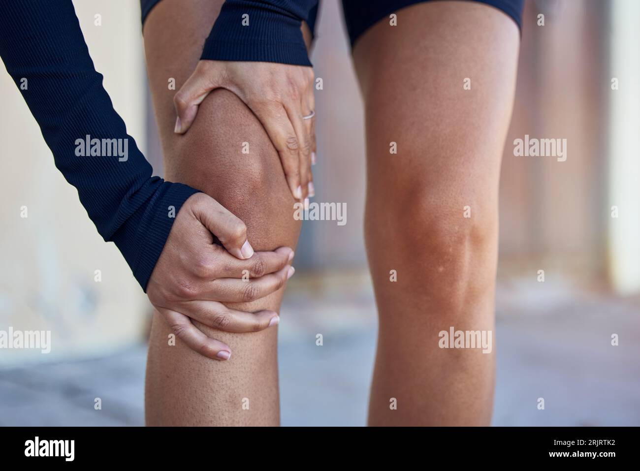 Knee, joint pain and cardio person tired from outdoor exercise ...