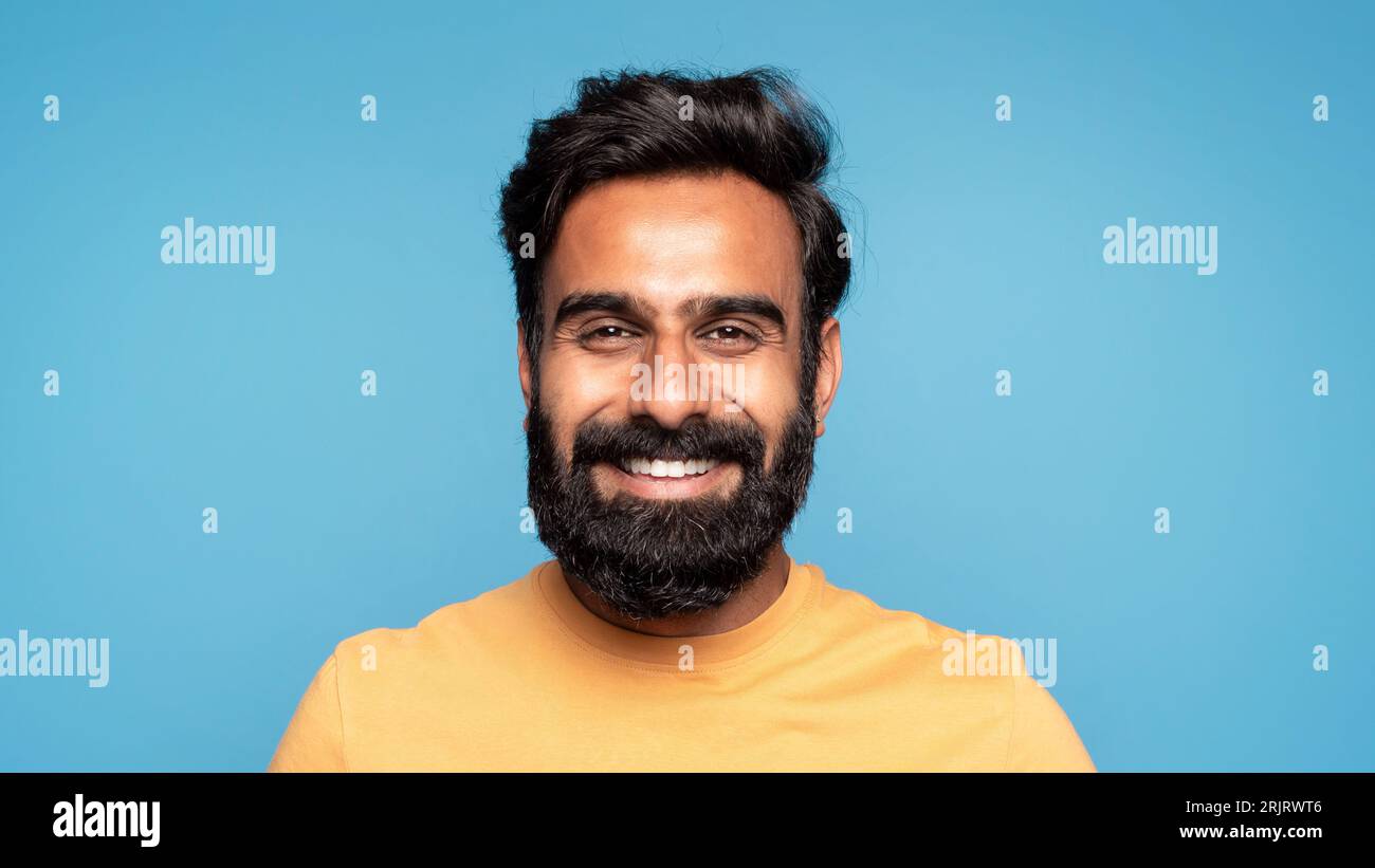 Closeup portrait of happy middle aged indian man in casual cheerfully ...