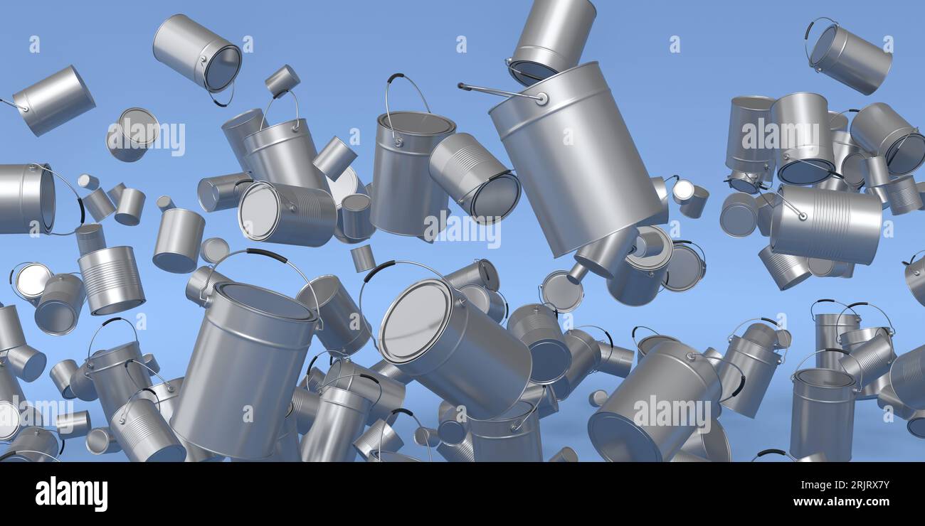Many of flying metal cans or buckets on blue background. 3d render of ...