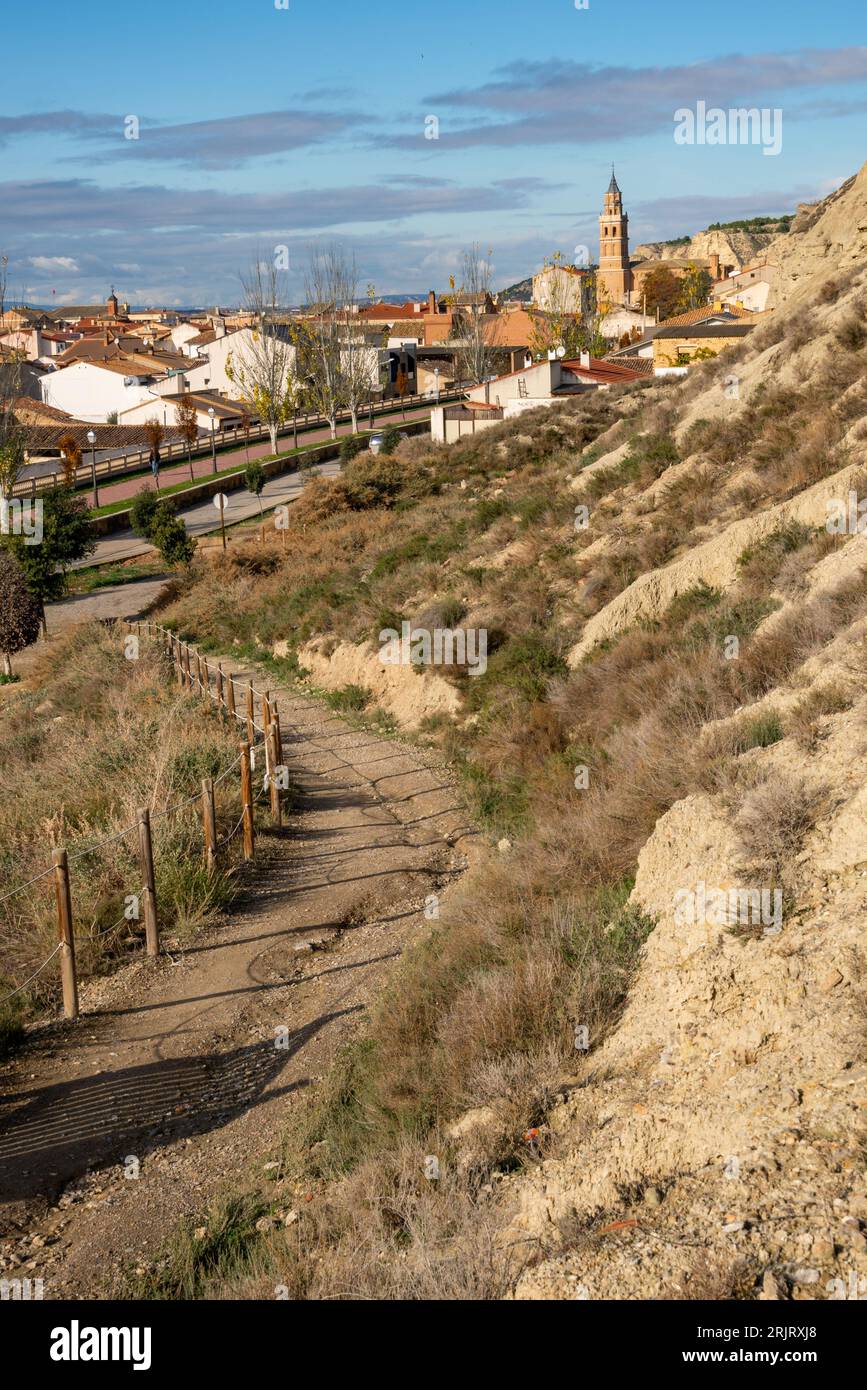 A vertical of the village of Arguedas and Arguedas caves, in Spain ...