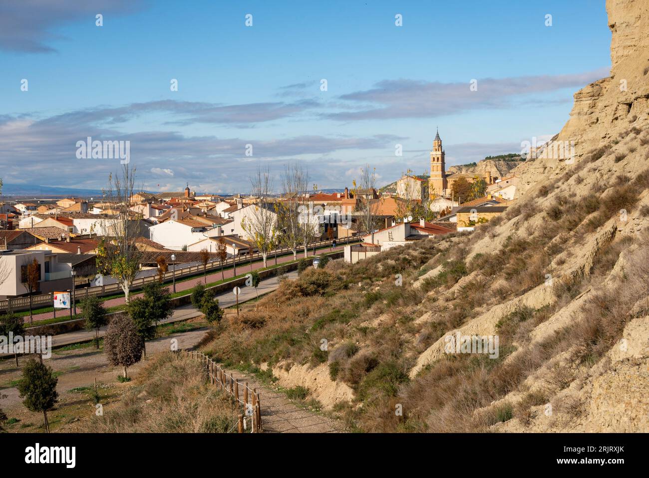 A scenic view of the village of Arguedas and Arguedas caves, in Spain ...