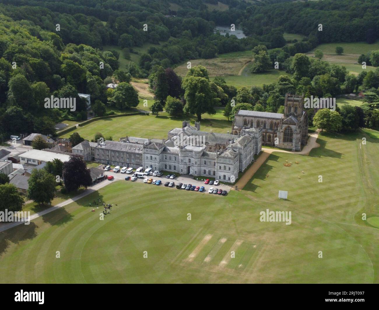 An aerial view of a medieval castle in a green field in England Stock ...