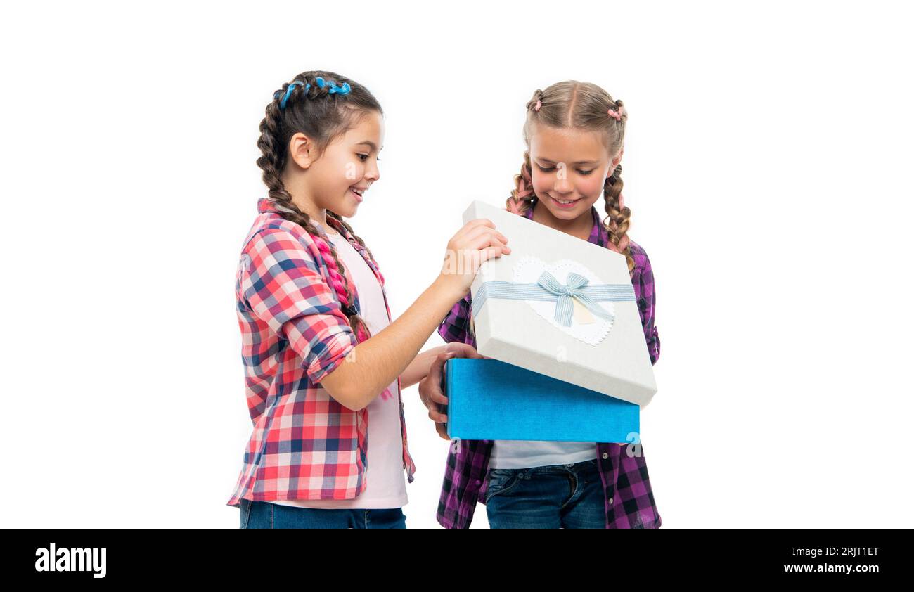 gift box from shopping. children girls with boxes. happy birthday ...