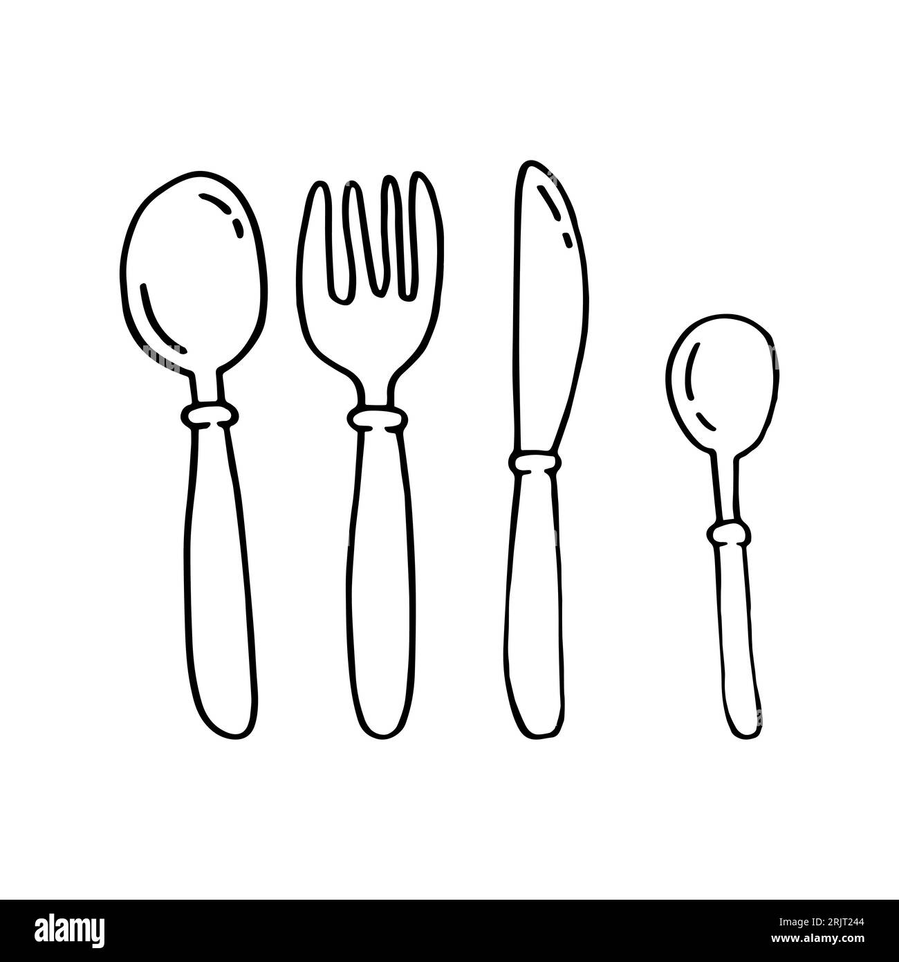 Black and white illustration of a set of cutlery in doodle style ...