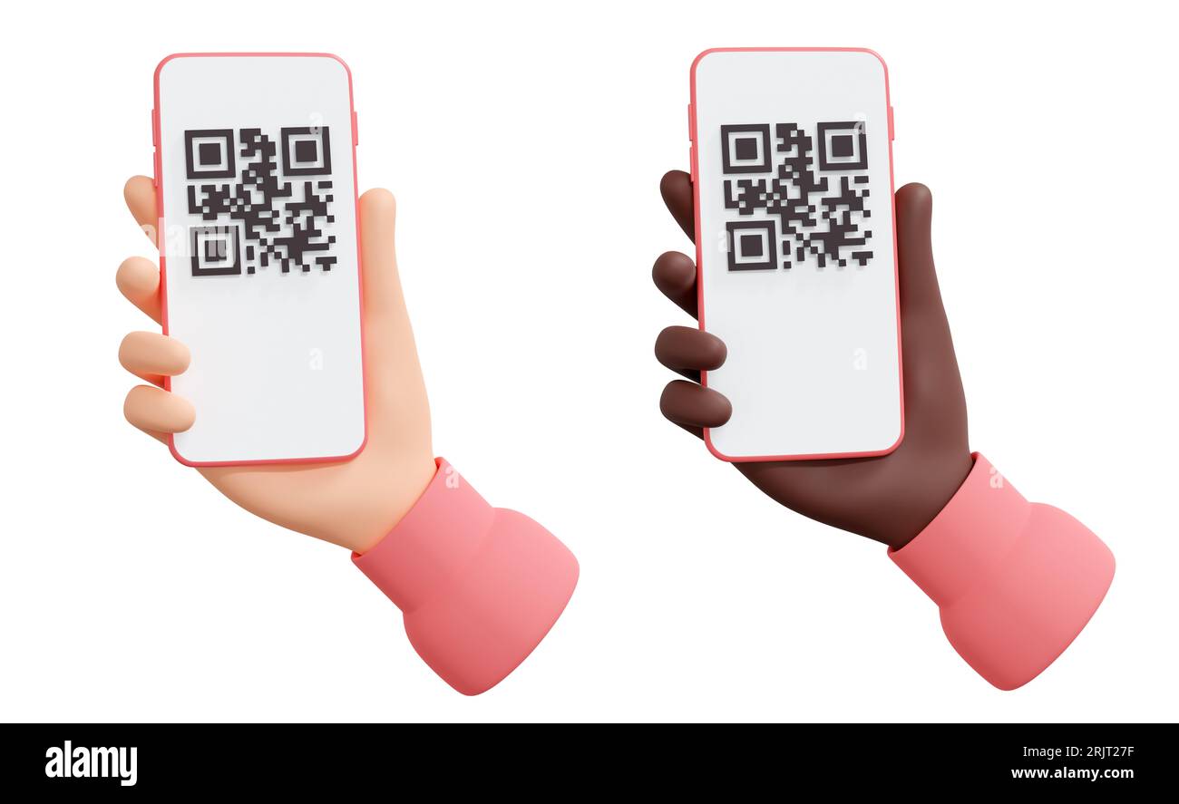 QR code reading 3d render illustration - hand holding mobile phone with ...