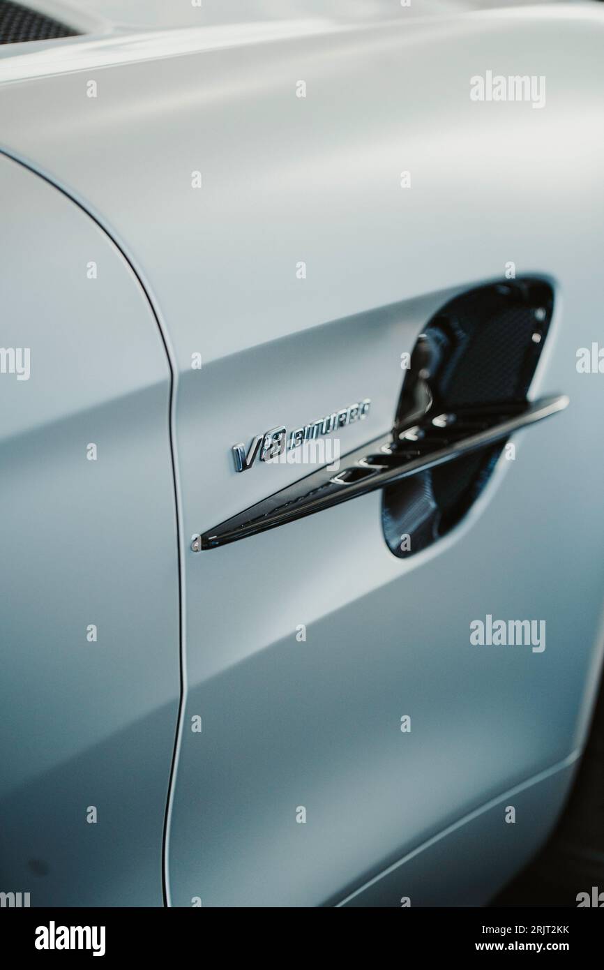 A vertical shot of details on a luxurious Mercedes Benz GT-R AMG car ...