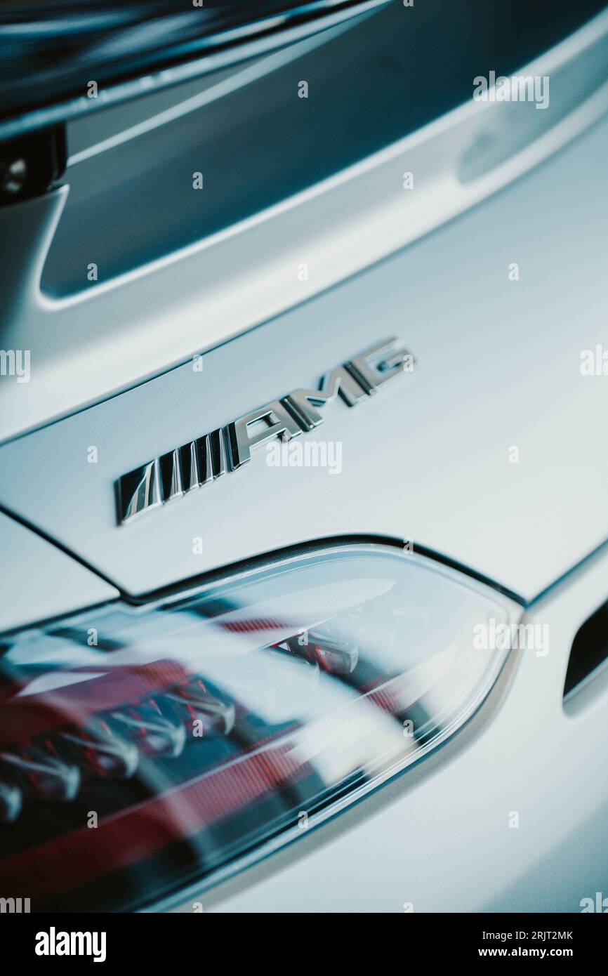 A vertical shot of details on a luxurious Mercedes Benz GT-R AMG car ...