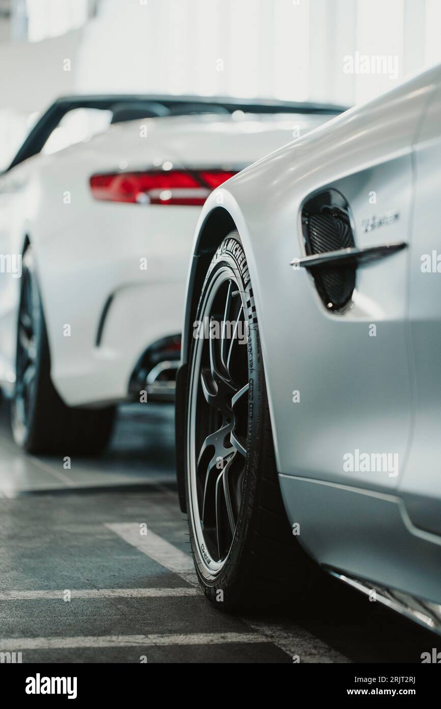 A vertical shot of details on a luxurious Mercedes Benz GT-R AMG car ...