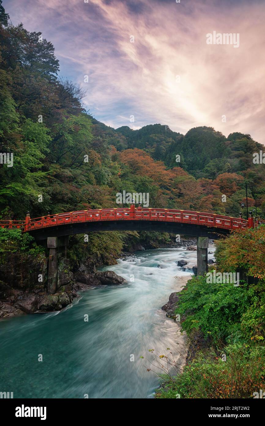 The Shinkyo bridge crossing the Daiya river in Niiko, Japan at dawn ...